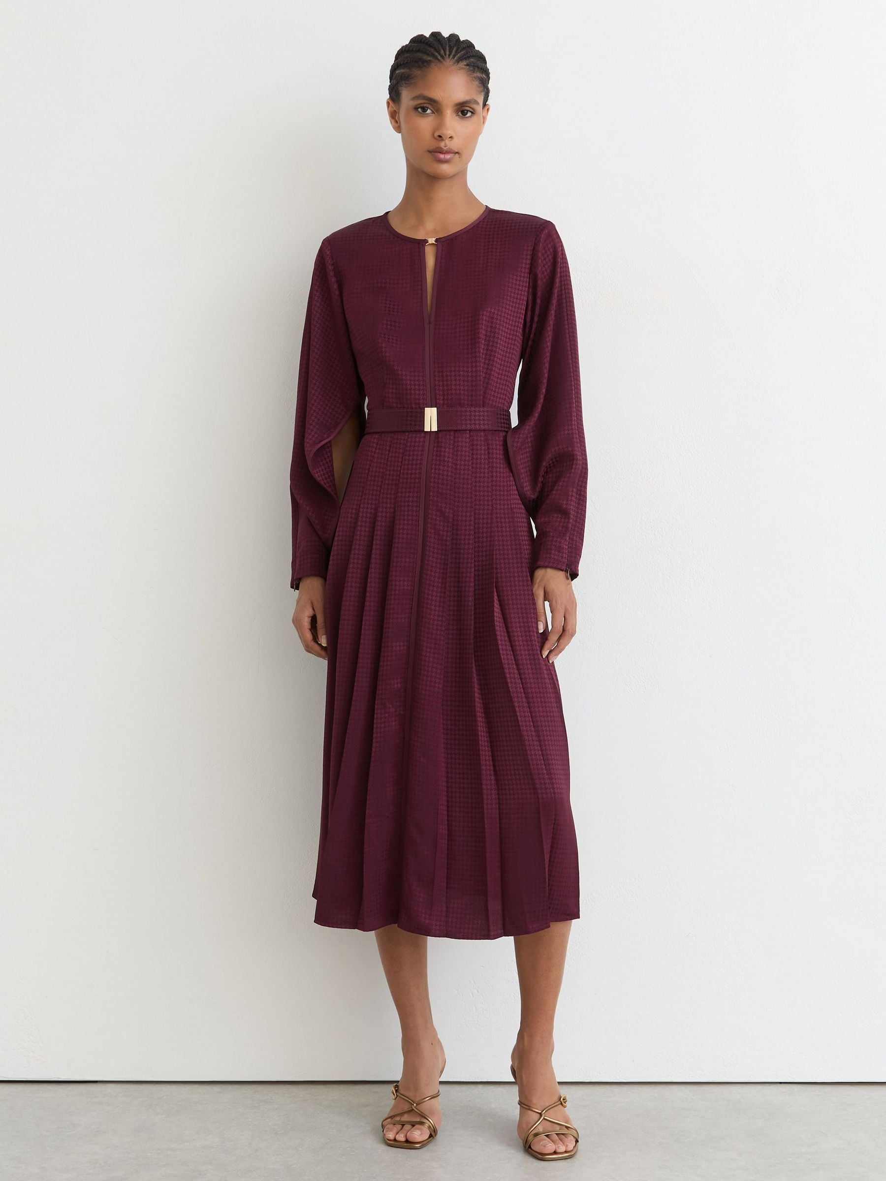 REISS Reiss Kea Houndstooth-Check Belted Midi Dress